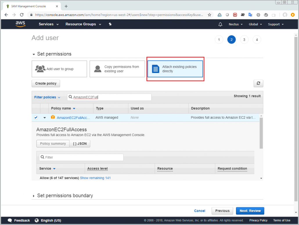 Setting up AWS permissions to perform monitoring and backup with Nectus ...